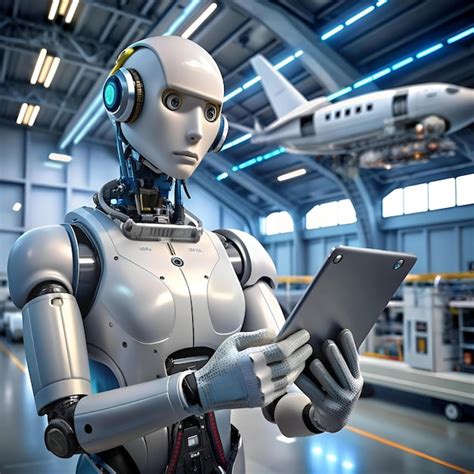 A humanoid robot in an industrial setting holding a tablet representing ...