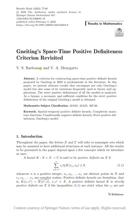 Gneitings Space Time Positive Definiteness Criterion Revisited