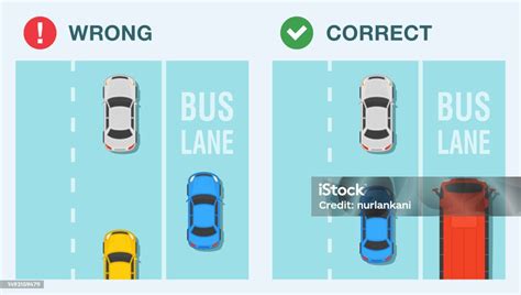 버스 차선 규칙 옳고 그른 운전 해야 할 일과 하지 말아야 할 일 버스 차선에 있는 세단 자동차와 버스의 최고 전망 거리에 대한