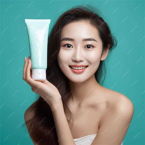 Premium Photo Korean Woman Holding Tube Of Facial Cream On Turquoise
