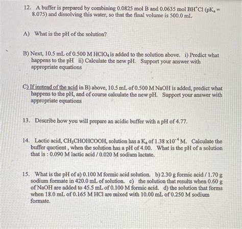 Solved 12 A Buffer Is Prepared By Combining 00825 Mol B