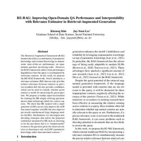 Re Rag Improving Open Domain Qa Performance And Interpretability With Relevance Estimator In