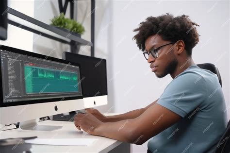 Young Male Editor Editing Video On Computer At Workplace Premium Ai Generated Image