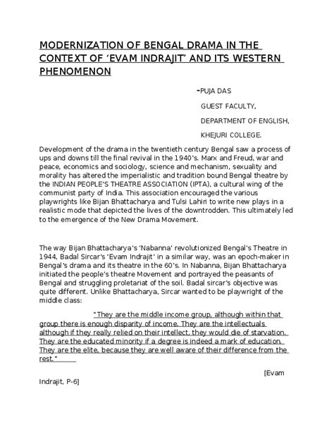 Doc Modernisation Of Bengal Drama In The Context Of Evam Indrajit And