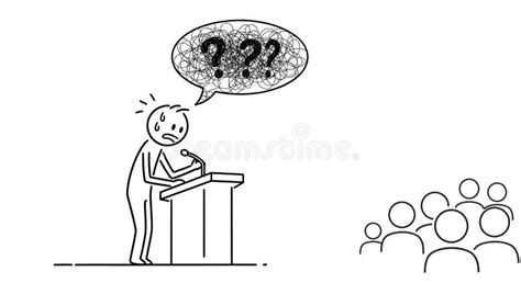 Stick Figure Confused At Podium Before Audience White Background