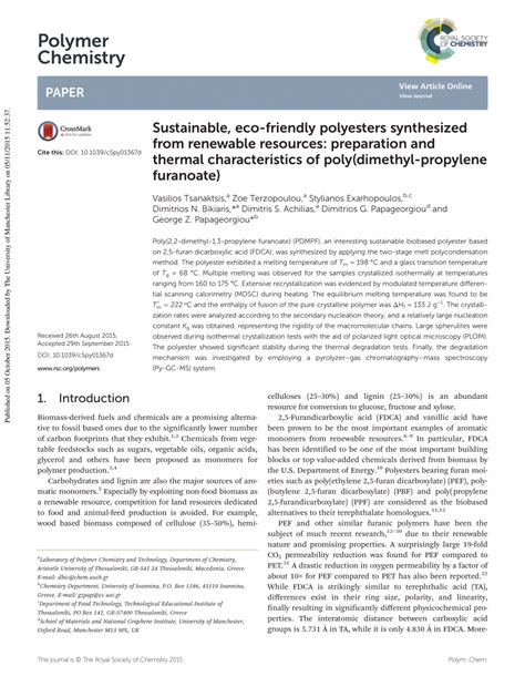 Pdf Sustainable Eco Friendly Polyesters Synthesized From Renewable