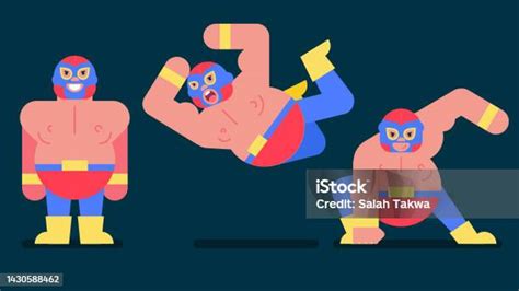 마스크 배틀 아크로뱃 파이터 루카 리브레와 멕시코 레슬러 세트 벡터 일러스트 만화 루차 리브레에 대한 스톡 벡터 아트 및 기타