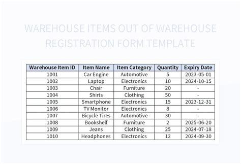 Warehouse Items Out Of Warehouse Registration Form Template Excel