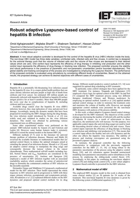 Pdf Robust Adaptive Lyapunov Based Control Of Hepatitis B Infection