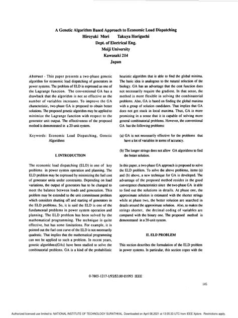 1993 A Genetic Algorithm Based Approach To Economic Load Dispatching