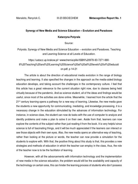 Manaloto Metacognitive Paper 1 Pdf Learning Science Education