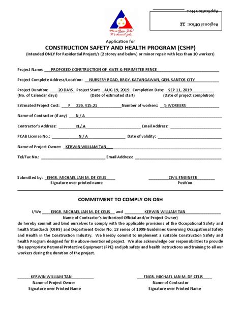 Cshp Application 2 Story Below Pdf Occupational Safety And Health Working Conditions