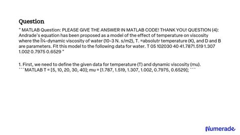 SOLVED MATLAB Question PLEASE GIVE THE ANSWER IN MATLAB CODE THANK YOU QUESTION Andrade