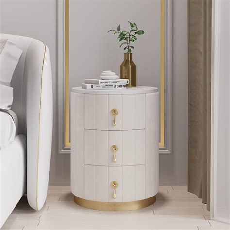 Homary Velvet Nightstand With 3 Drawers White Round