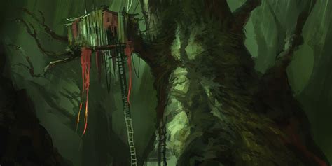 배경 화면 햇빛 숲 판타지 아트 버려진 녹색 밀림 나무집 늪 열대 우림 어둠 스크린 샷 4000x2000 픽셀 서식지 자연 환 경