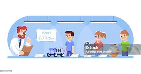 전시 평면 벡터 그림에 자신의 로봇을 보여주는 아이들 아이들을위한 로봇 코스 방과 후 클럽 드로이드와 소년과 소녀 교사는 만화 캐릭터를 승인 공학에 대한 스톡 벡터 아트 및
