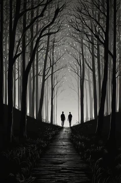 A Couple Walking Down A Path In A Forest With Trees In The Background Premium AI Generated Image