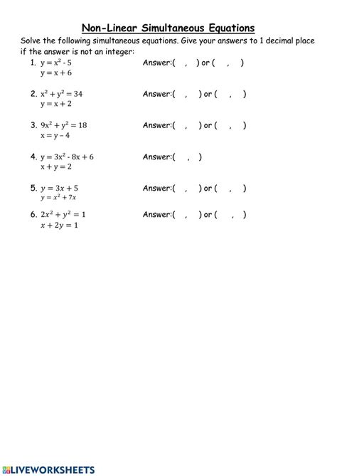 Non Linear Simultaneous Equations Interactive Worksheet Equations