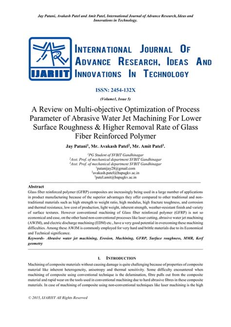 A Review On Multi Objective Optimization Of Process Parameter Of Abrasive Water Jet Machining
