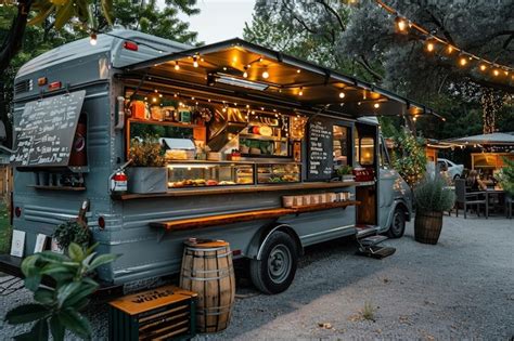 Vintage Food Truck Open Serving Gourmet Dishes Under String Lights In