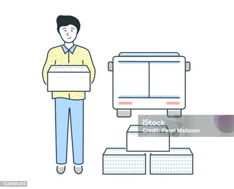 배달 된 주문을 들고 있는 젊은이의 벡터 일러스트레이션 상품의 언로딩 및 배송 공급망에 대한 스톡 벡터 아트 및 기타 이미지 공급망 교통수단 교환 Istock