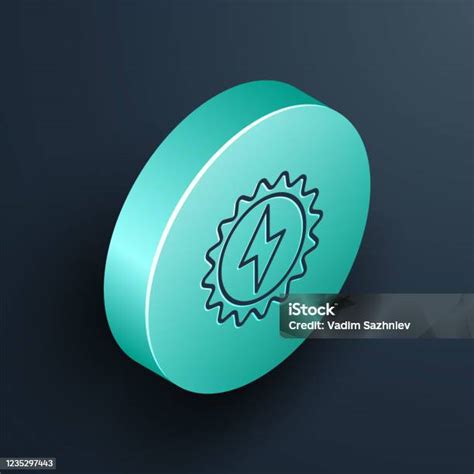 등각투영 선 태양 에너지 패널 아이콘 검은 색 배경에 격리 번개 기호와 태양입니다 청록색 원 버튼 벡터 일러스트레이션 0명에 대한 스톡 벡터 아트 및 기타 이미지 Istock