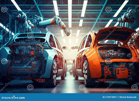 Car Factory Assembly Line With Automatic Robotic Arms Working Generative Ai Stock Illustration
