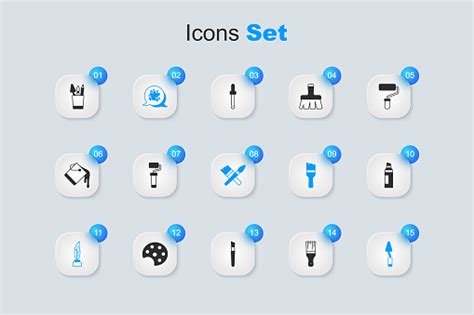 페인트 브러시 롤러 스프레이 깃털 및 잉크병 팔레트 나이프 마커 펜 필통 문구류 및 아이콘 세트 벡터 개념에 대한 스톡 벡터 아트 및 기타 이미지 Istock