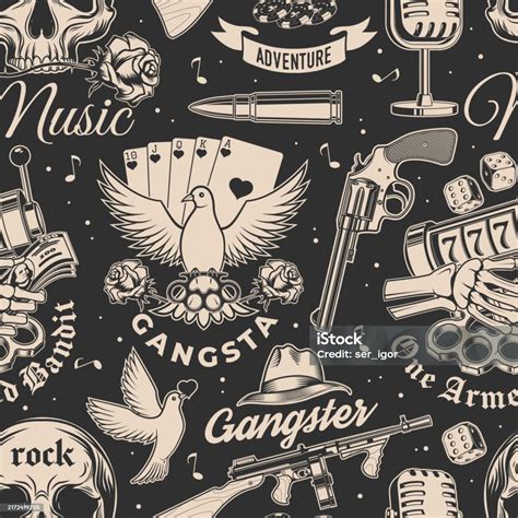Gangster Seamless Pattern Vector Illustration Vintage Monochrome Label