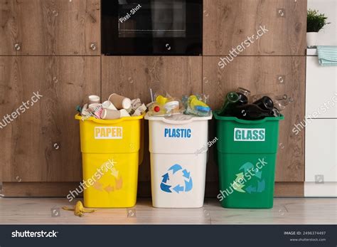 Full Trash Bins Different Types Garbage Stock Photo