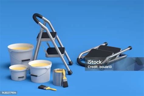 파란색에 페인트 롤러 브러시 및 접이식 사다리가있는 금속 캔 또는 양동이 세트 3차원 형태에 대한 스톡 사진 및 기타 이미지 3차원 형태 Diy 가정용 장비 Istock