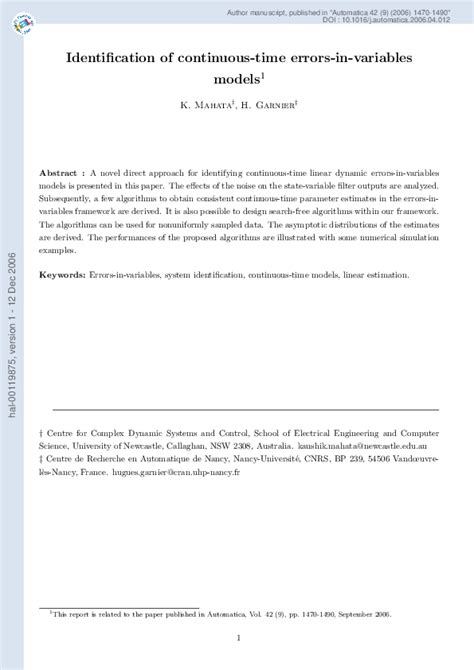 pdf identification of continuous time errors in variables models