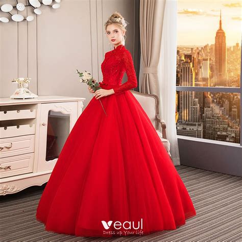 Chinese Style Muslim Red Wedding Dresses 2019 Ball Gown High Neck