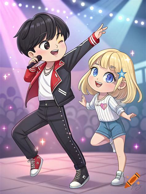 Chibi Anime Characters Singing And Dancing On A Stage With Spotlights