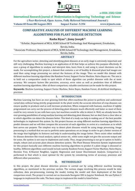 Comparative Analysis Of Different Machine Learning Algorithms For Plant