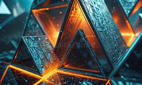 3d Triangular Metallic Structure With Gradient Orange And Blue Featuring Reflective Surface And