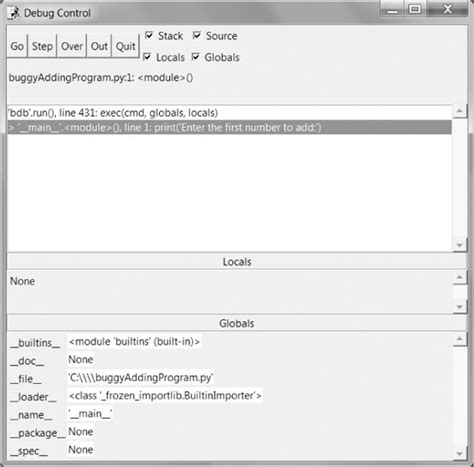 The Debug Control Window When The Program First Starts Under The Debugger
