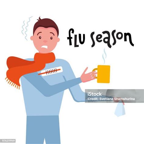 문자 독감 시즌과 온도아픈 사람의 그림 물티슈 손수건 차 찻잔 온도계를 들고 감염 알레르기 독감 또는 발열아픈 인플루엔자 감기에 감기를 잡으세요 단풍 독감바이러스에 대한