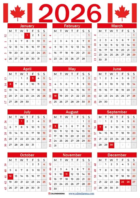 Printable 2026 Calendar Canada Free Pdf