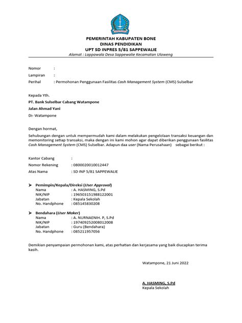 Permohonan Penggunaan Fasilitas Cash Management System Cms Sulselbar