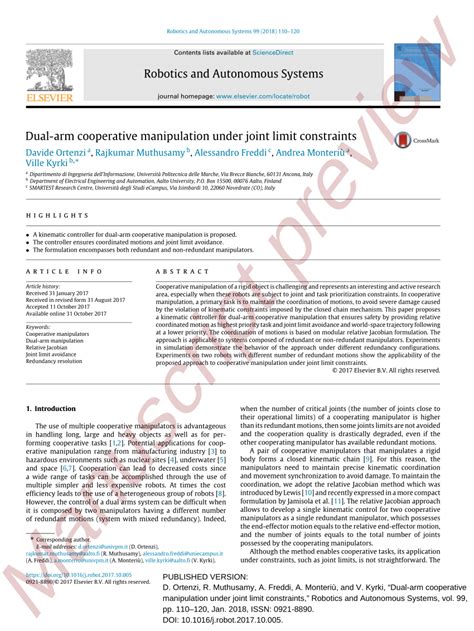 Pdf Dual Arm Cooperative Manipulation Under Joint Limit Constraints