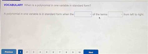 Solved Vocabulary When Is A Polynomial In One Variable In Standard