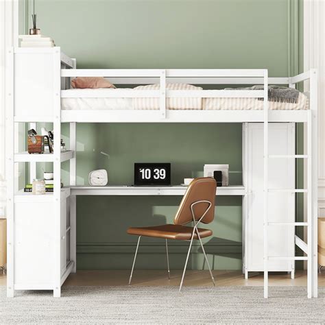 Latitude Run® Wood Loft Bed With Cabinet And Bookshelf Loft With