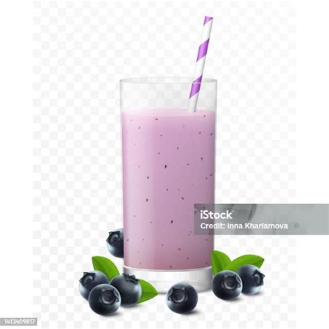 블루 베리 주스 칵테일 스무디 또는 요구르트와 함께 짚으로 유리에 담겨 투명한 배경에 격리되어 있습니다 사실적인 3d 벡터 일러스트 레이 션 스무디에 대한 스톡 벡터 아트