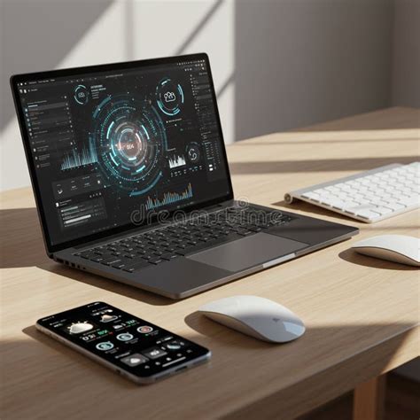 Laptop Displaying Futuristic Data Visualizations With Concentric Circles And Graphs Stock