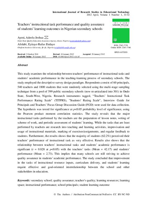 Pdf Teachers Instructional Task Performance And Quality Assurance Of