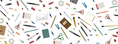 문방구 매장 회사를 광고하기위한 수평 배경 그림 흰색 배경에 격리 연필 펜 펠트 팁 펜 브러쉬 지음 가위 접착제 테이프 벡터 0