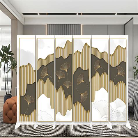 Elegant 6 Panel Wooden Folding Room Divider With Modern Print Design