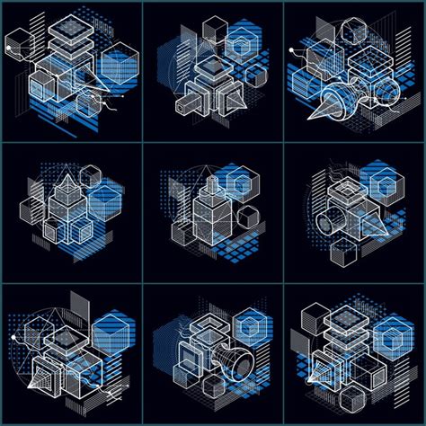 추상 아이소메트릭 배경 3d 벡터 레이아웃입니다 큐브 육각형 정사각형 직사각형 및 다양한 추상 요소의 구성입니다 벡터