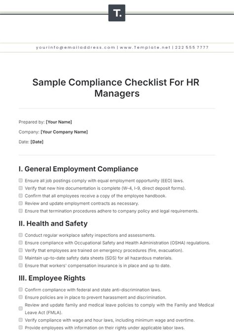 Free Sample Compliance Checklist For Hr Managers Template To Edit Online
